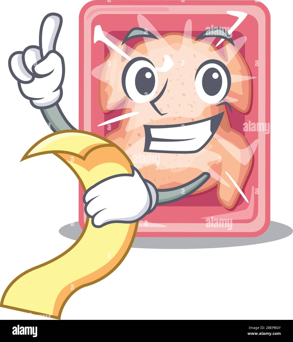 Frozen chicken mascot character design with a menu on his hand Stock ...