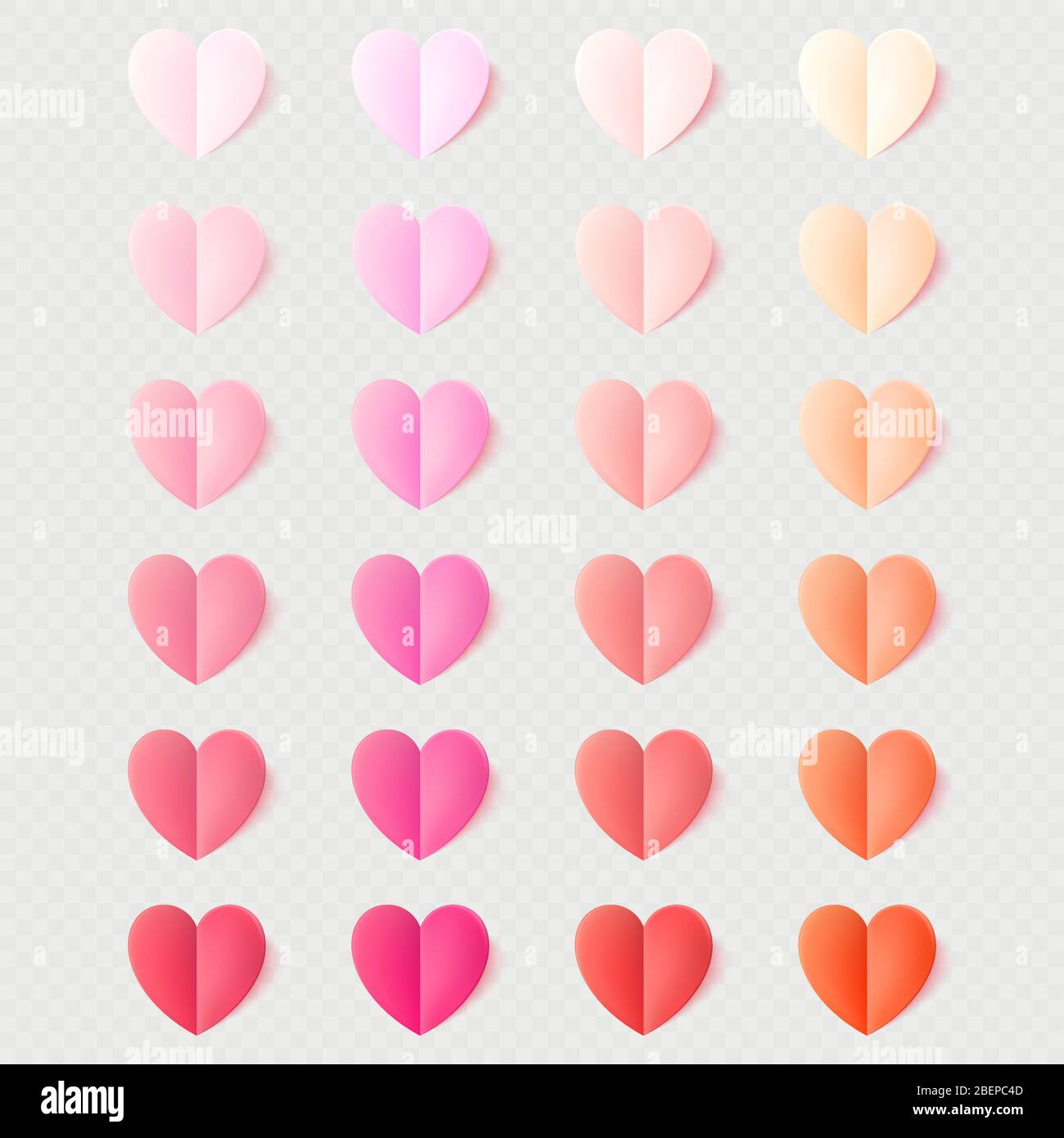 Soft color folded paper hearts isolated on transparent light. EPS 10 ...