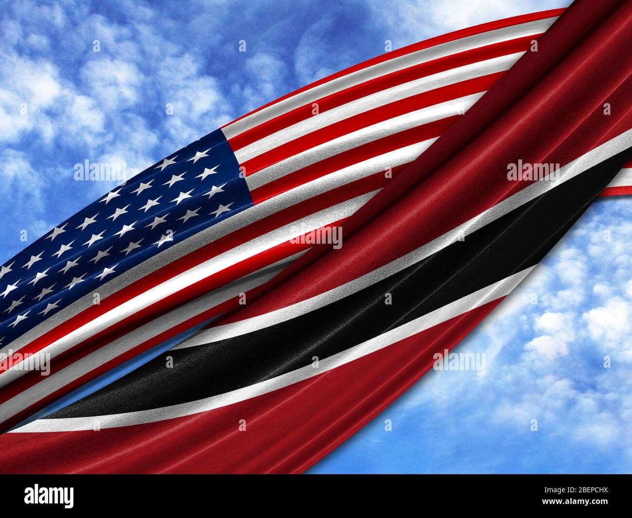 flag of America with Trinidad and Tobago flag on sky background Stock ...