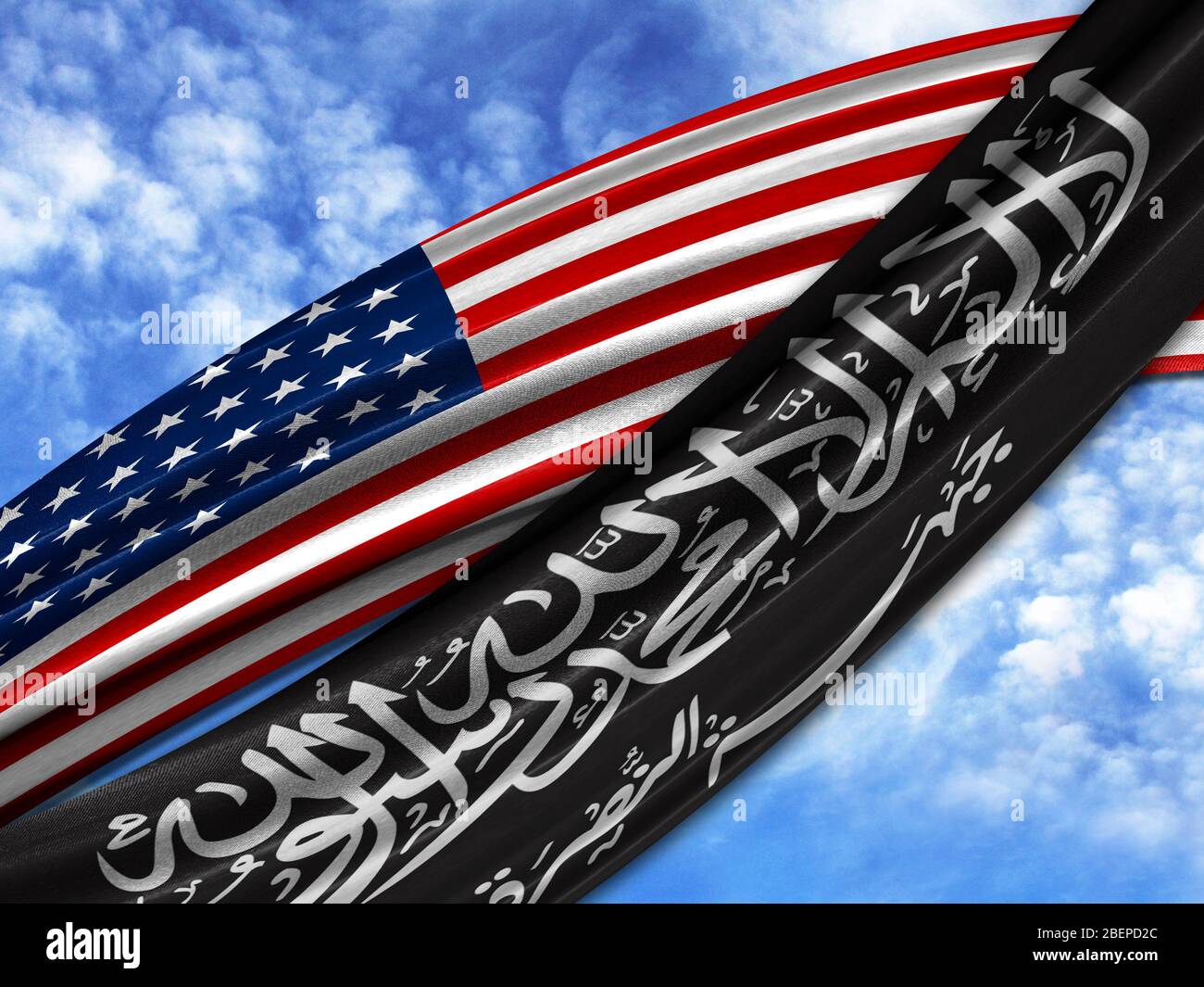 flag of America with Al Nusra Front flag on sky background Stock Photo ...