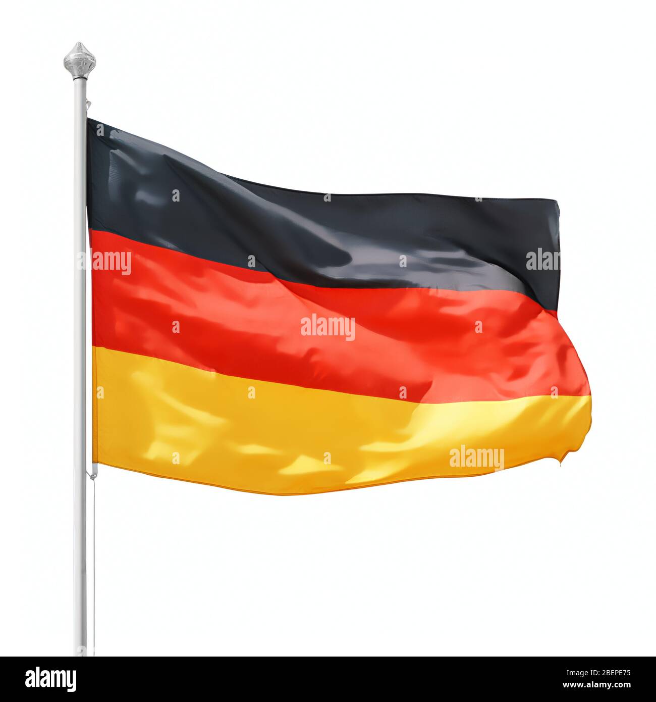 German flag on flagpole. Isolated on white, clipping path included ...