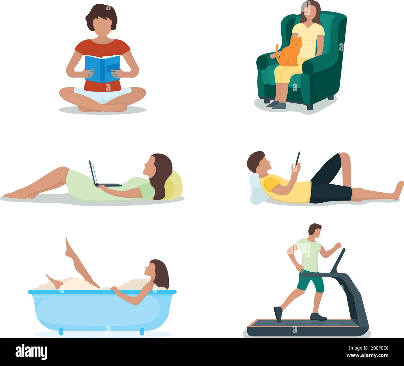 Set people character stay home, relax house, isolated on white, flat ...