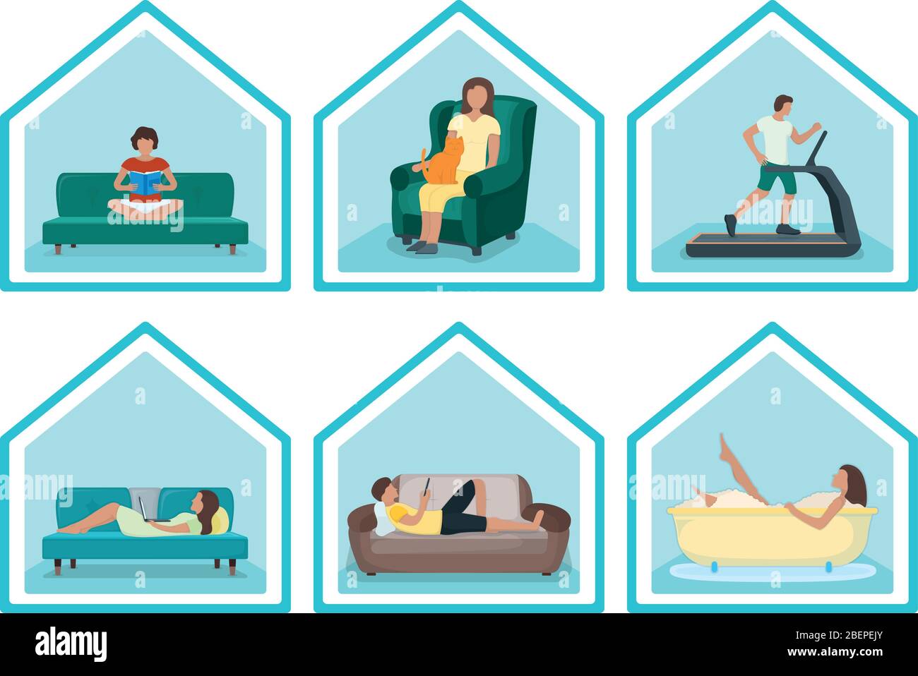 Set people character stay home, relax house, concept house roof ...