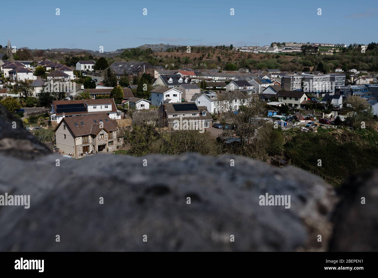 MERTHYR TYDFIL, WALES - 13 APRIL 2020 - Looking down to the village of ...