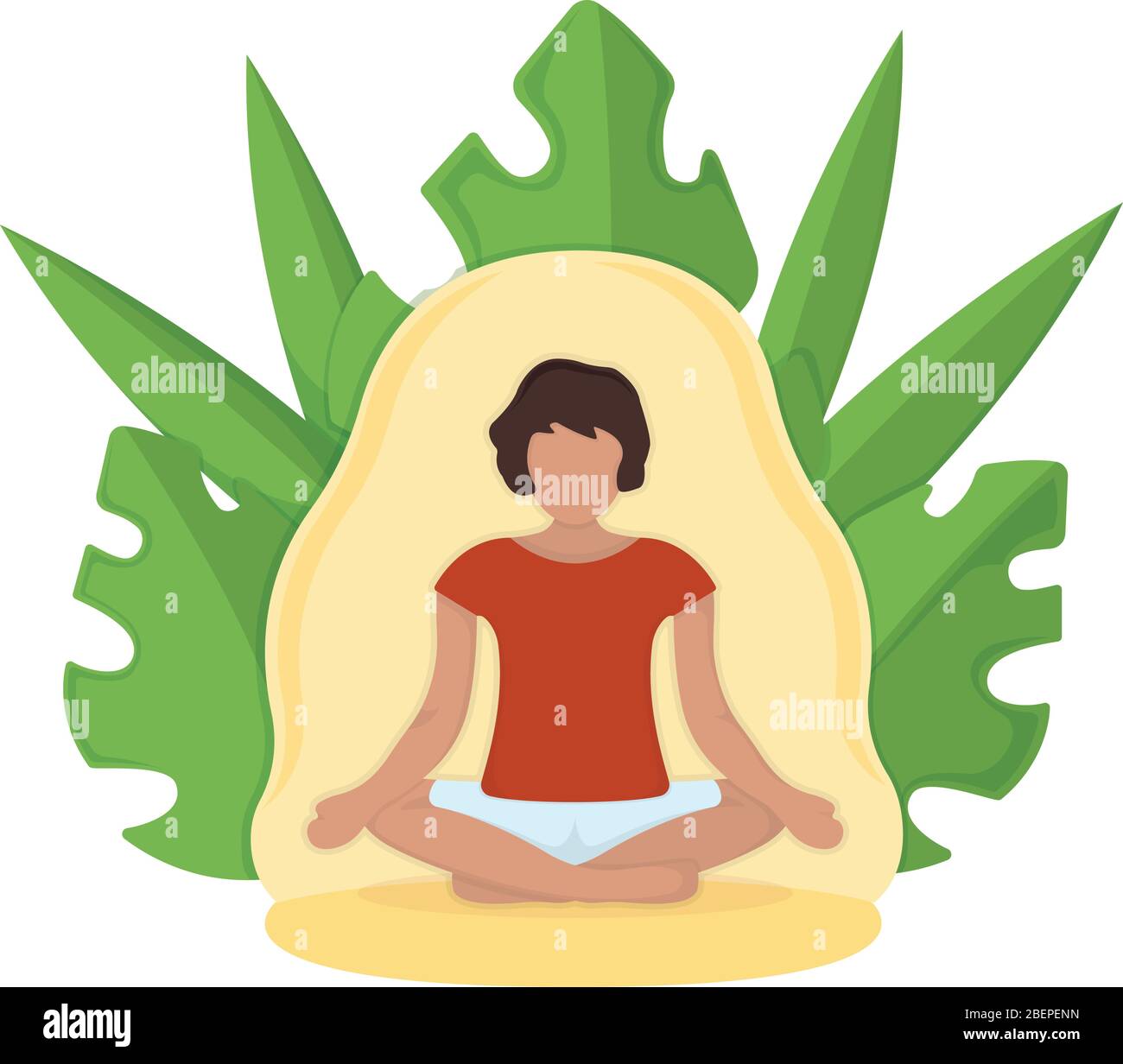 Woman character meditate and relax sitting, concept leaf background ...