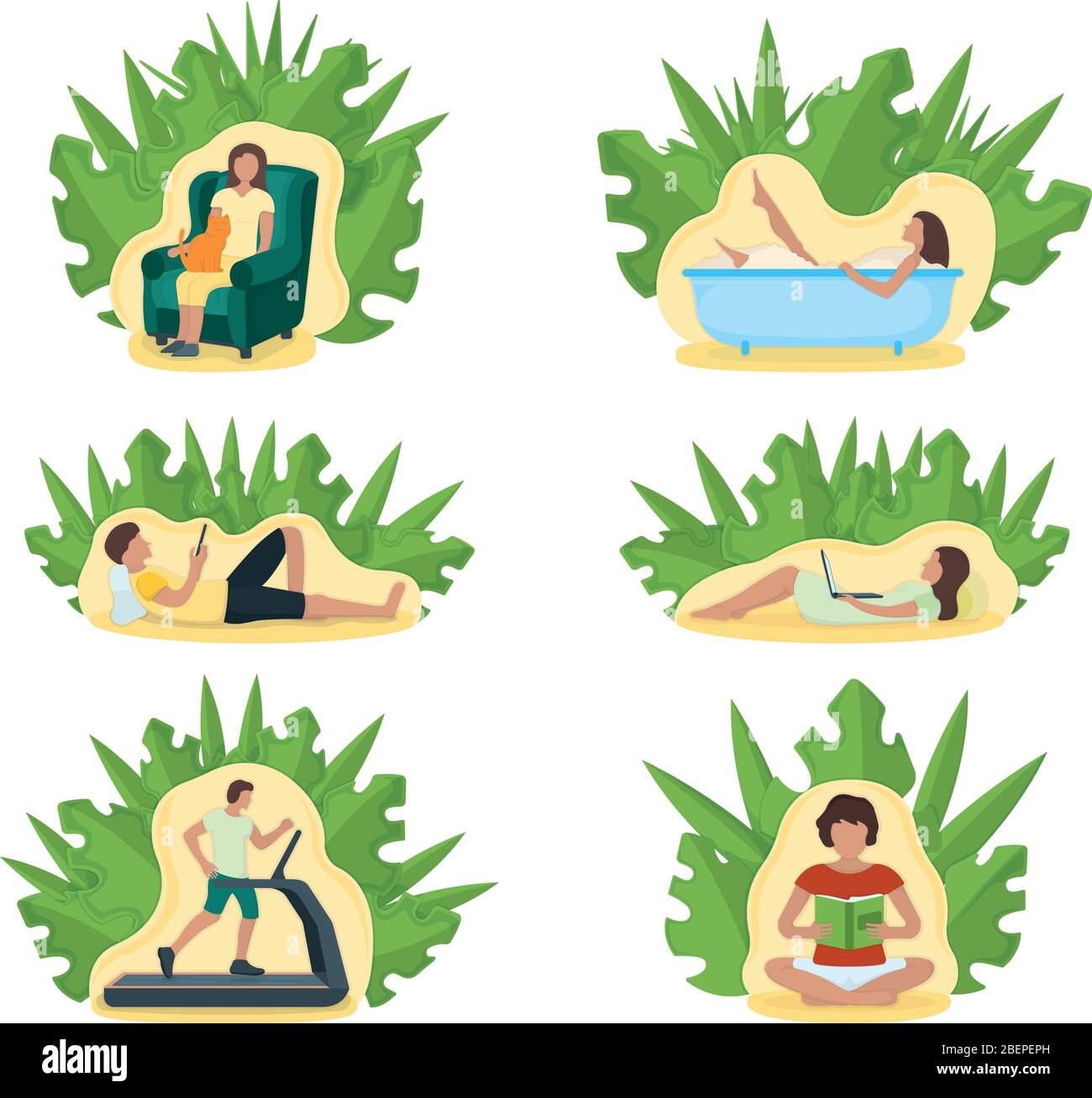 Set of people character stay home, relax house, leaf background ...