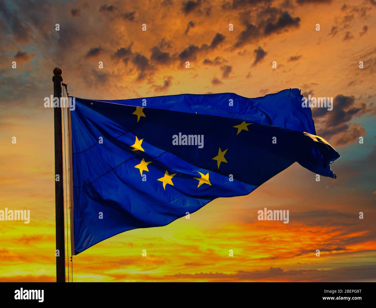 European Flag as symbol of freedom an unity flying in the foreground of ...