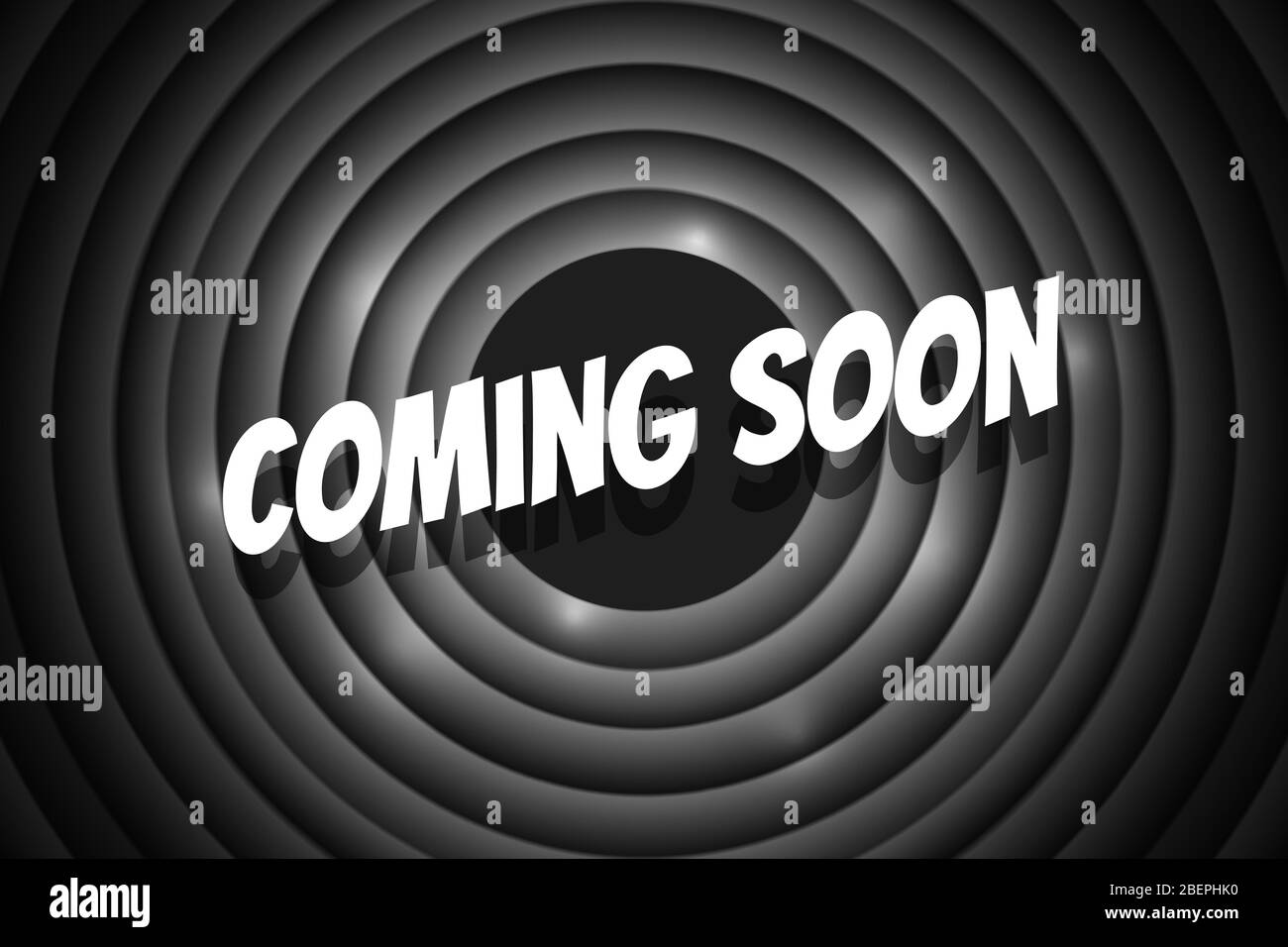 Coming soon comic style title on black circle background. Old cinema ...
