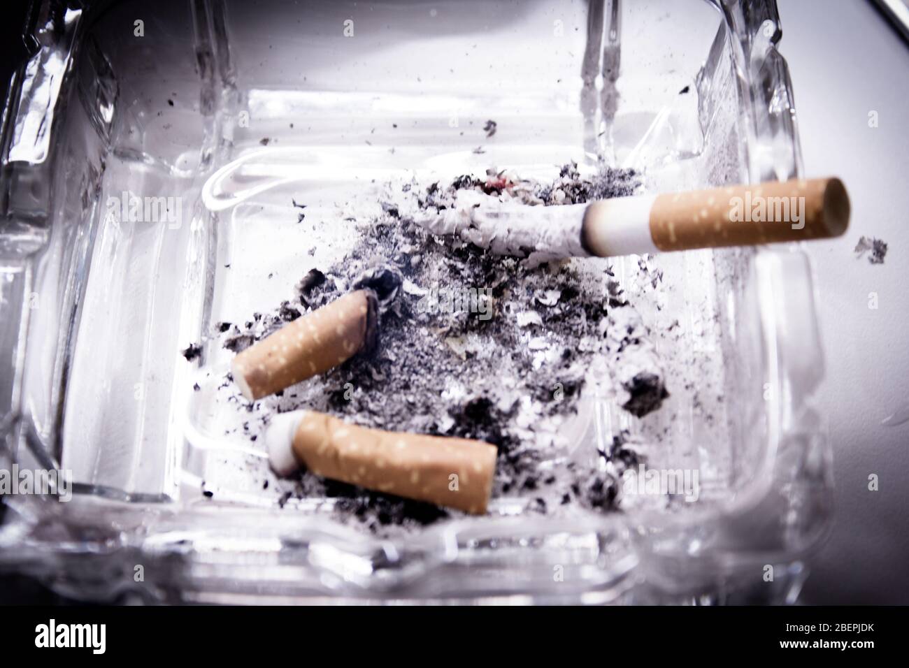 Ashtray with extinguished cigarettes full of ashes. No people Stock ...