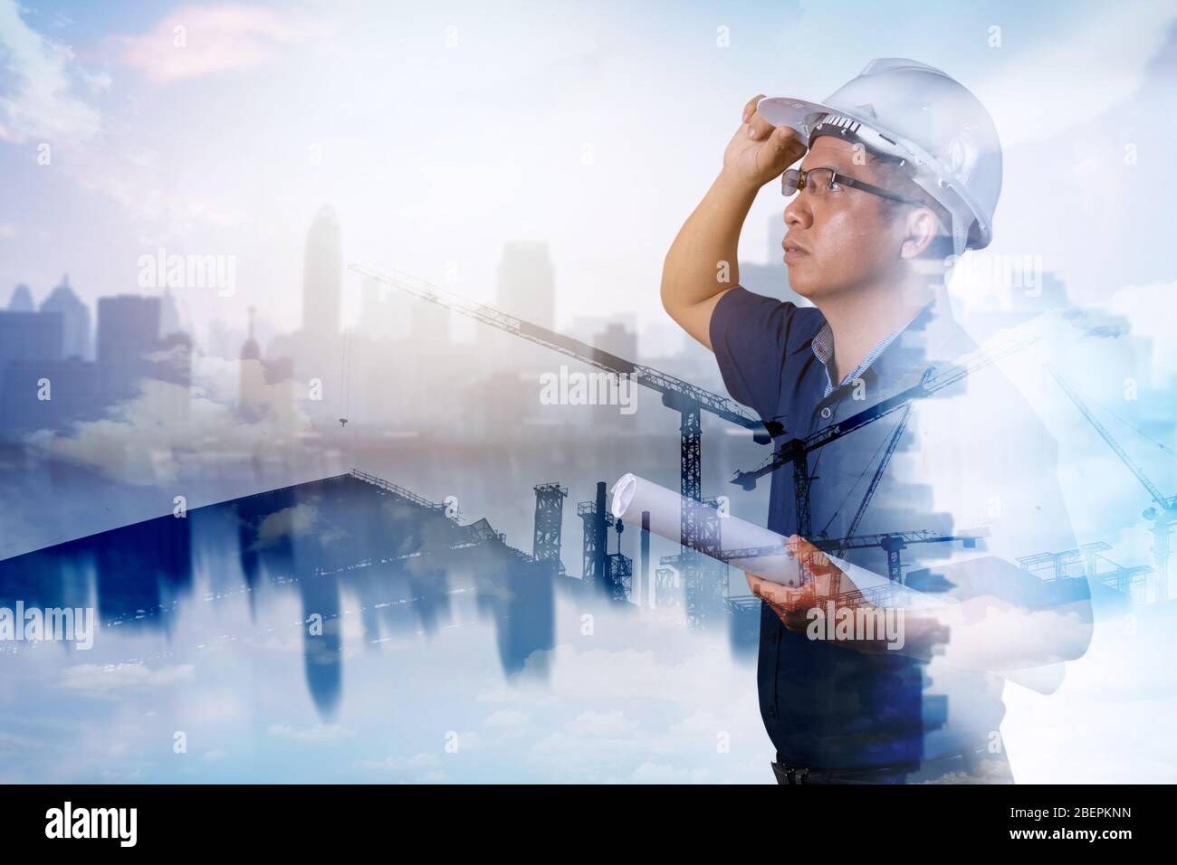 smart city and high construction development concept, double exposure ...