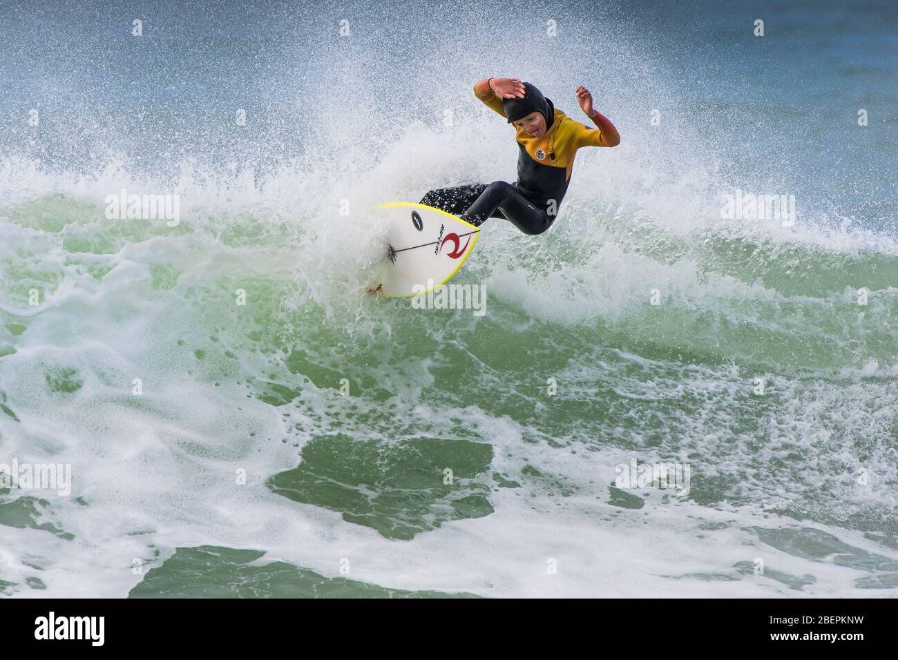 Wild spectacular surfing action at Fistral in Newquay in Cornwall Stock ...