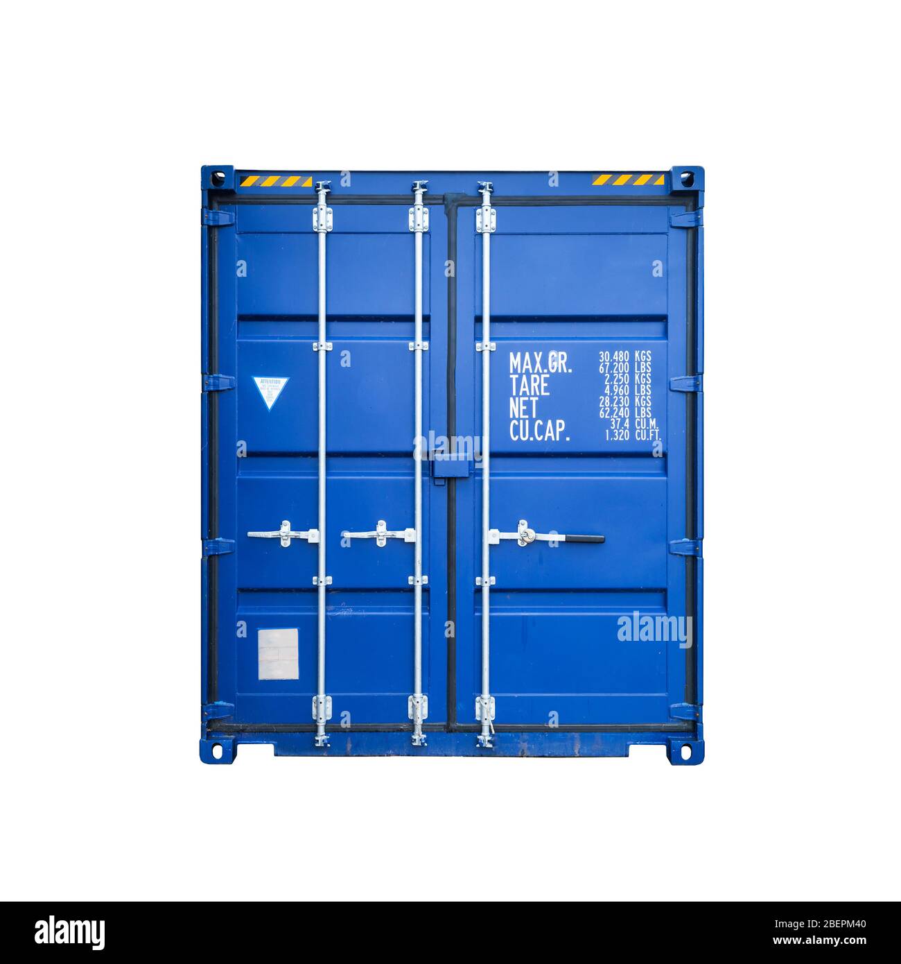 Gate side of a blue standard cargo container isolated on white ...