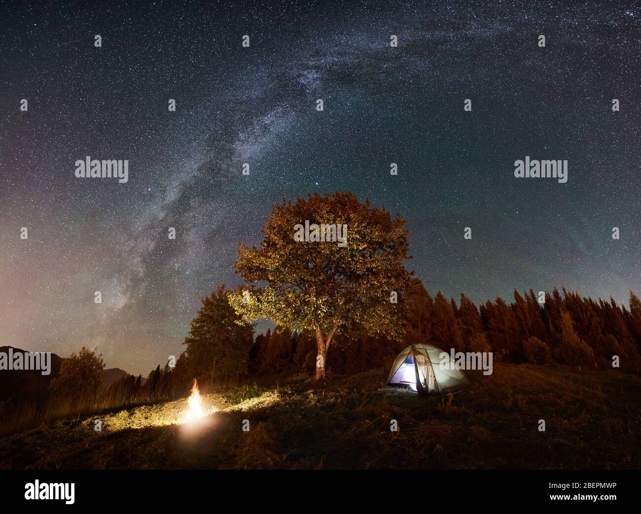 Tourist camping near forest at summer night. Glowing tent and bonfire ...