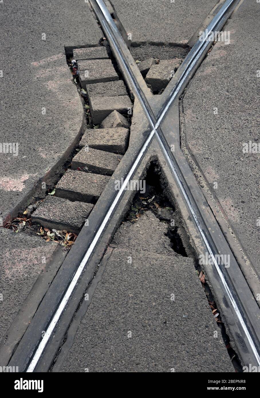 On a busy intersection in Berlin, the track bed of the tram of the ...