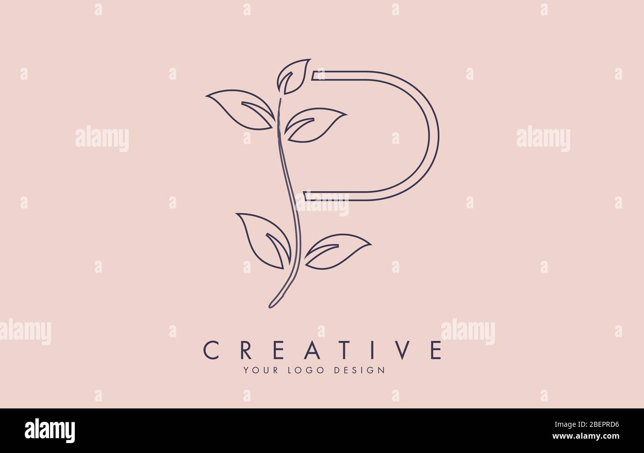 Outline Leaf Letter P Logo Design with Leaves on a Branch and Pink ...