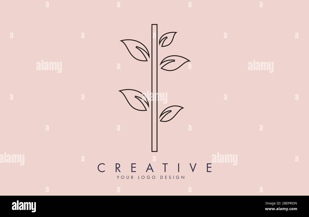 Outline Leaf Letter I Logo Design with Leaves on a Branch and Pink ...