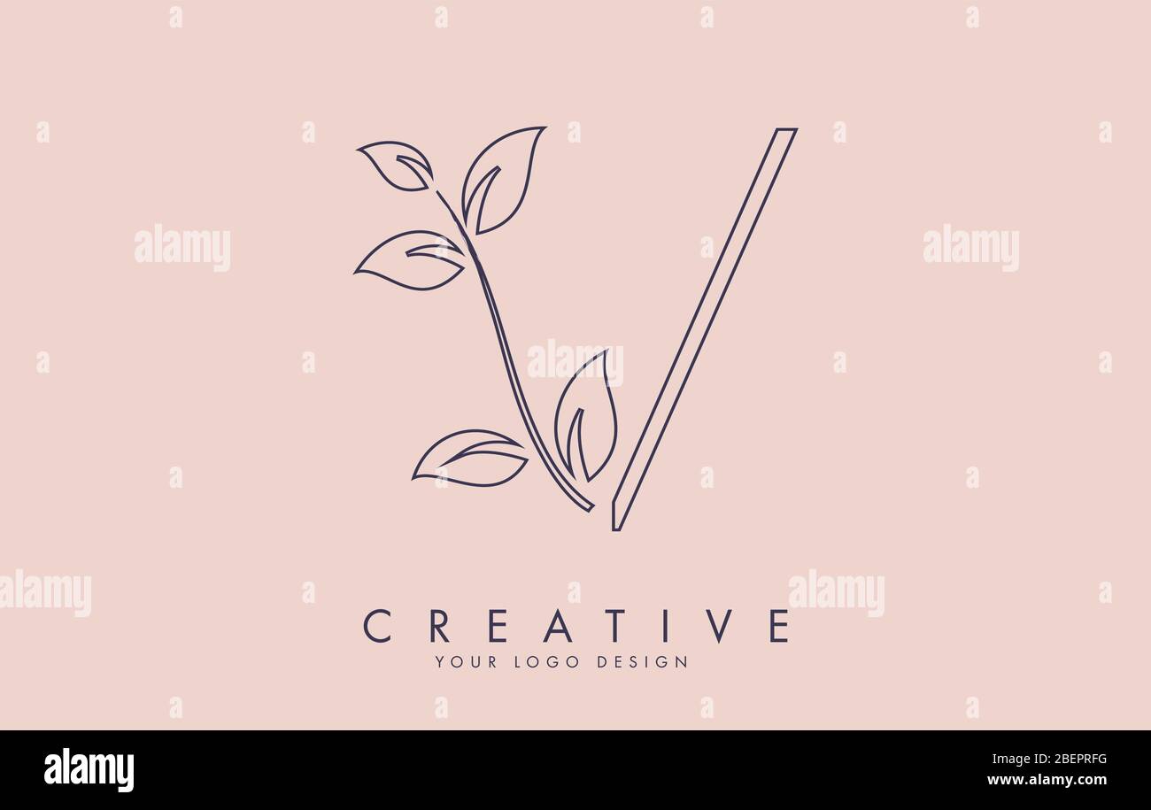 Outline Leaf Letter V Logo Design with Leaves on a Branch and Pink ...