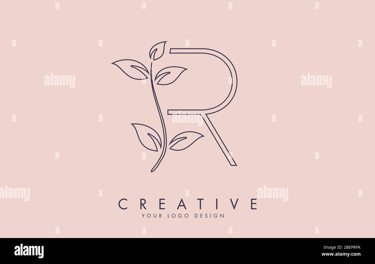 Outline Leaf Letter R Logo Design with Leaves on a Branch and Pink ...