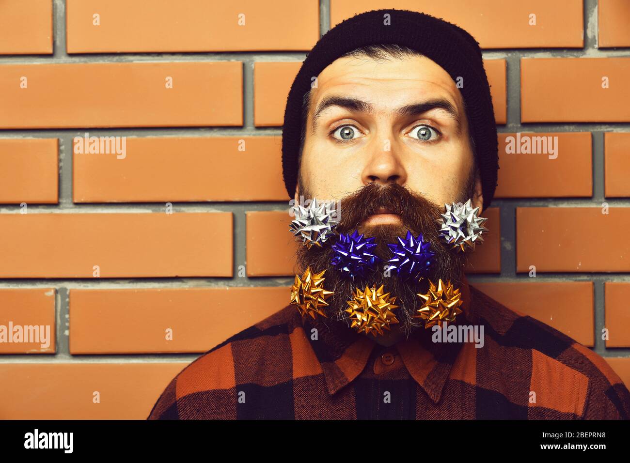 Bearded man, long beard. Brutal caucasian surprised hipster with ...