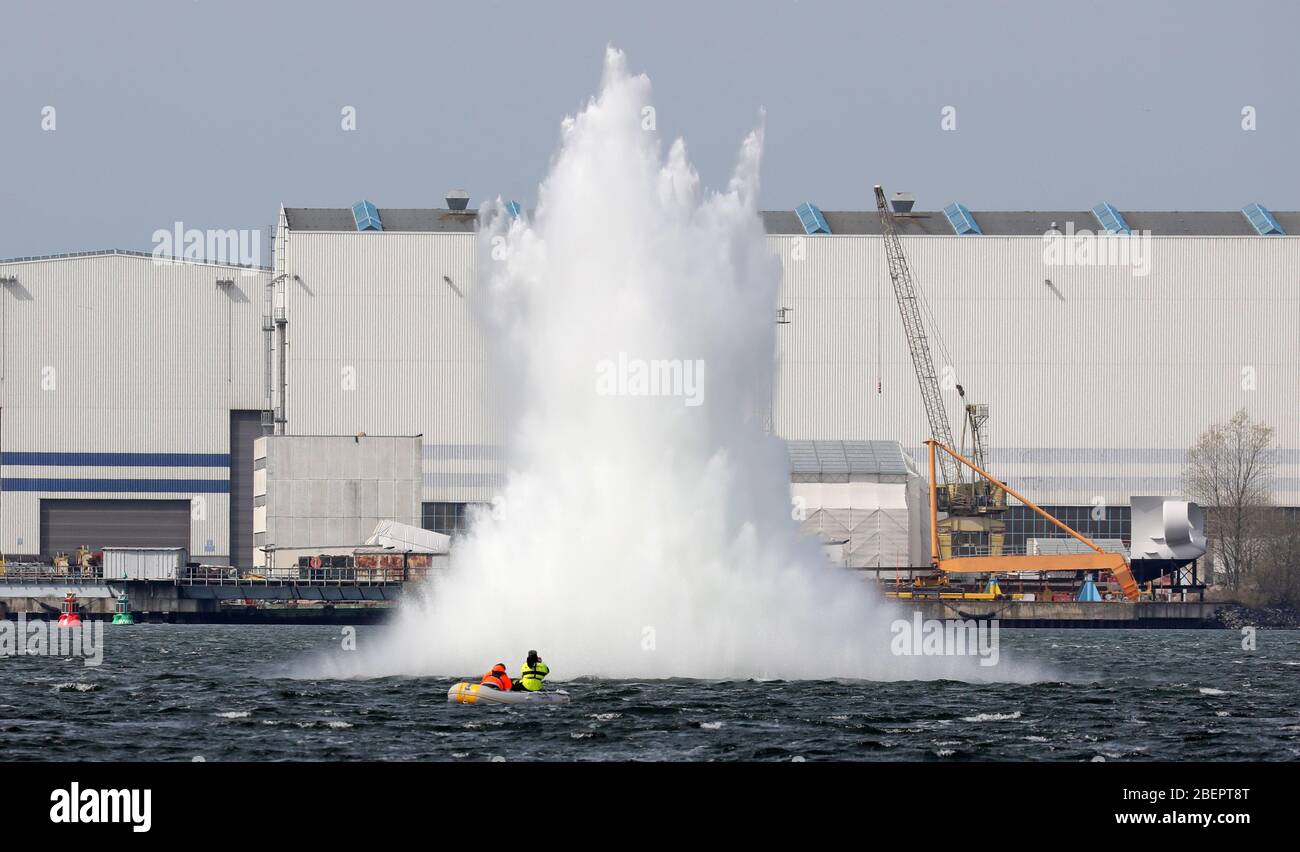 Rostock, Germany. 15th Apr, 2020. A fountain rises during the ...