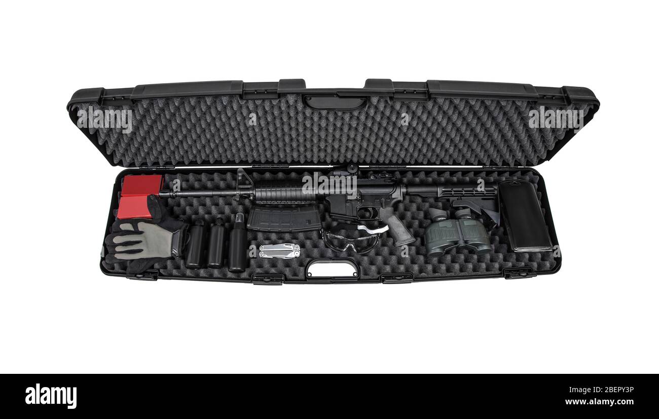 Modern automatic carbine with a collimator sight in a plastic case ...