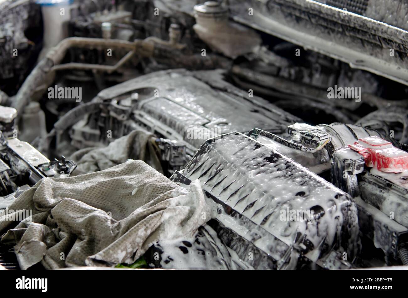 Wash the engine with car wash foam.Clean the engine at the car care ...