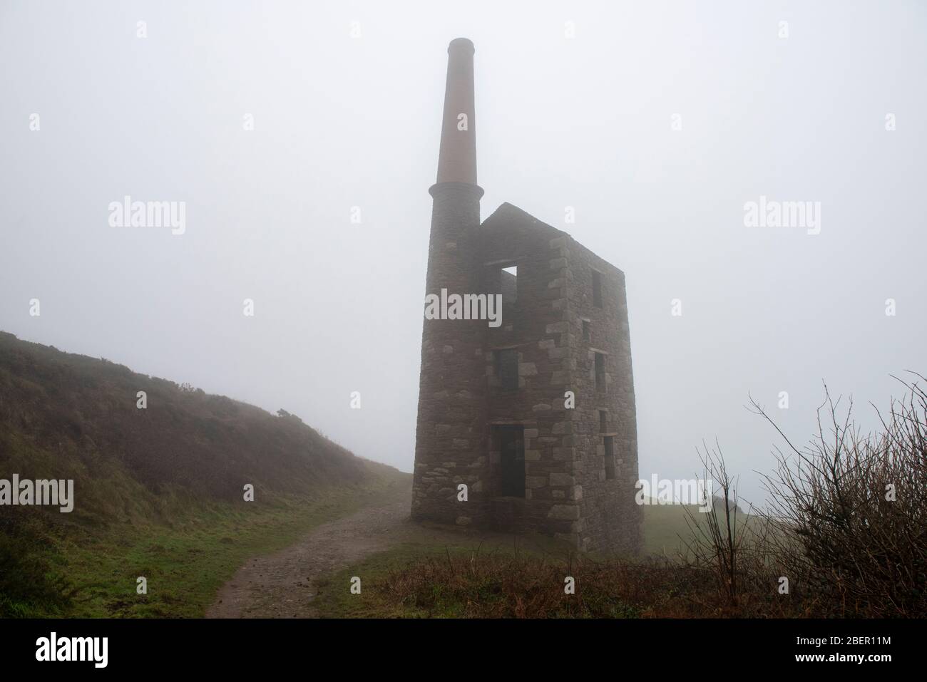 Wheal Prosper Tin Mine shrouded in mist, Rinsey Helston Cornwall ...