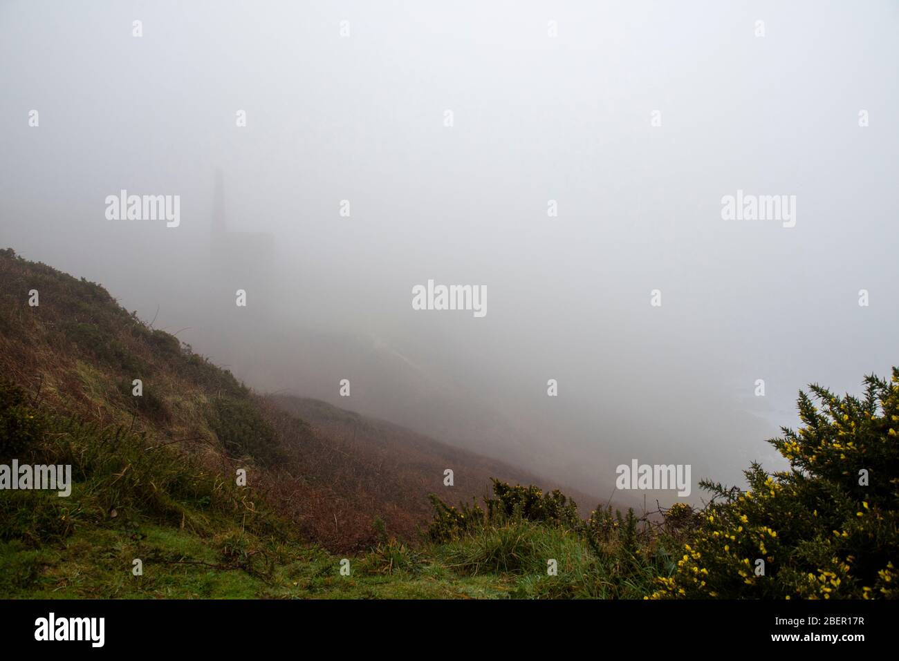 Wheal Prosper Tin Mine shrouded in mist, Rinsey Helston Cornwall ...