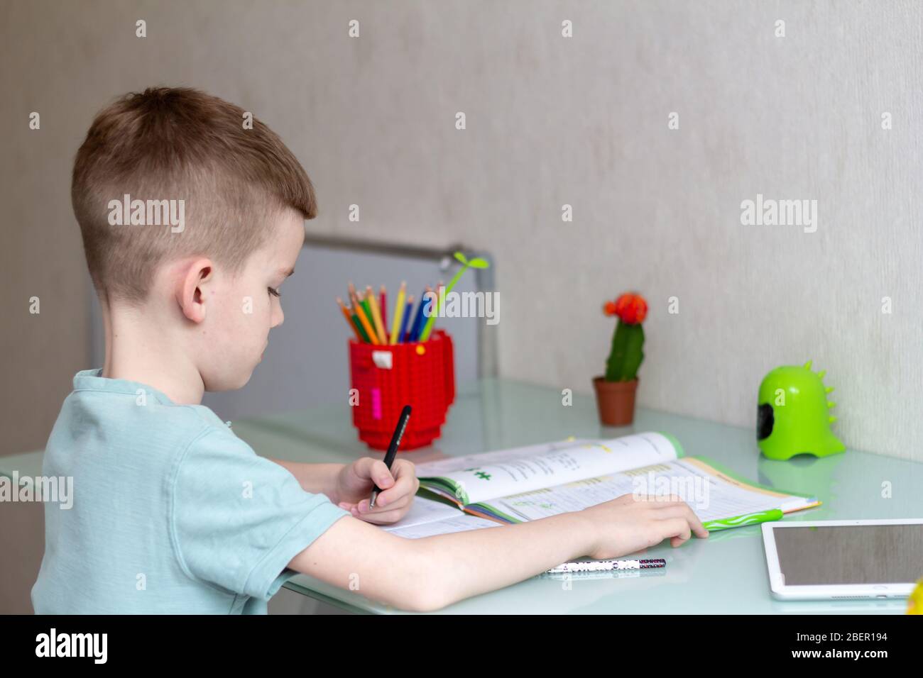 Distance learning online education. Schoolboy studying at home and ...