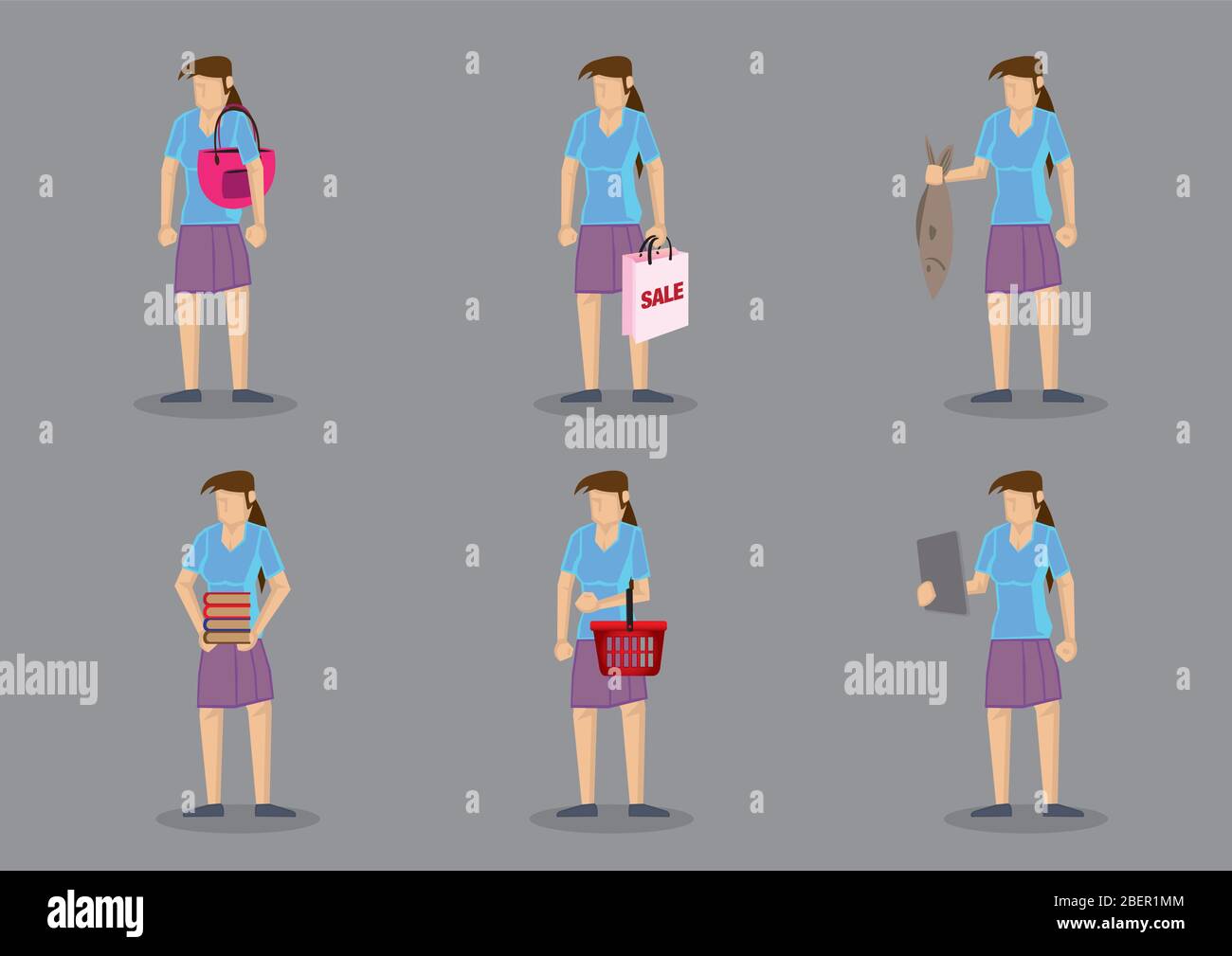 Set of six vector cartoon character of woman as homemaker carrying ...