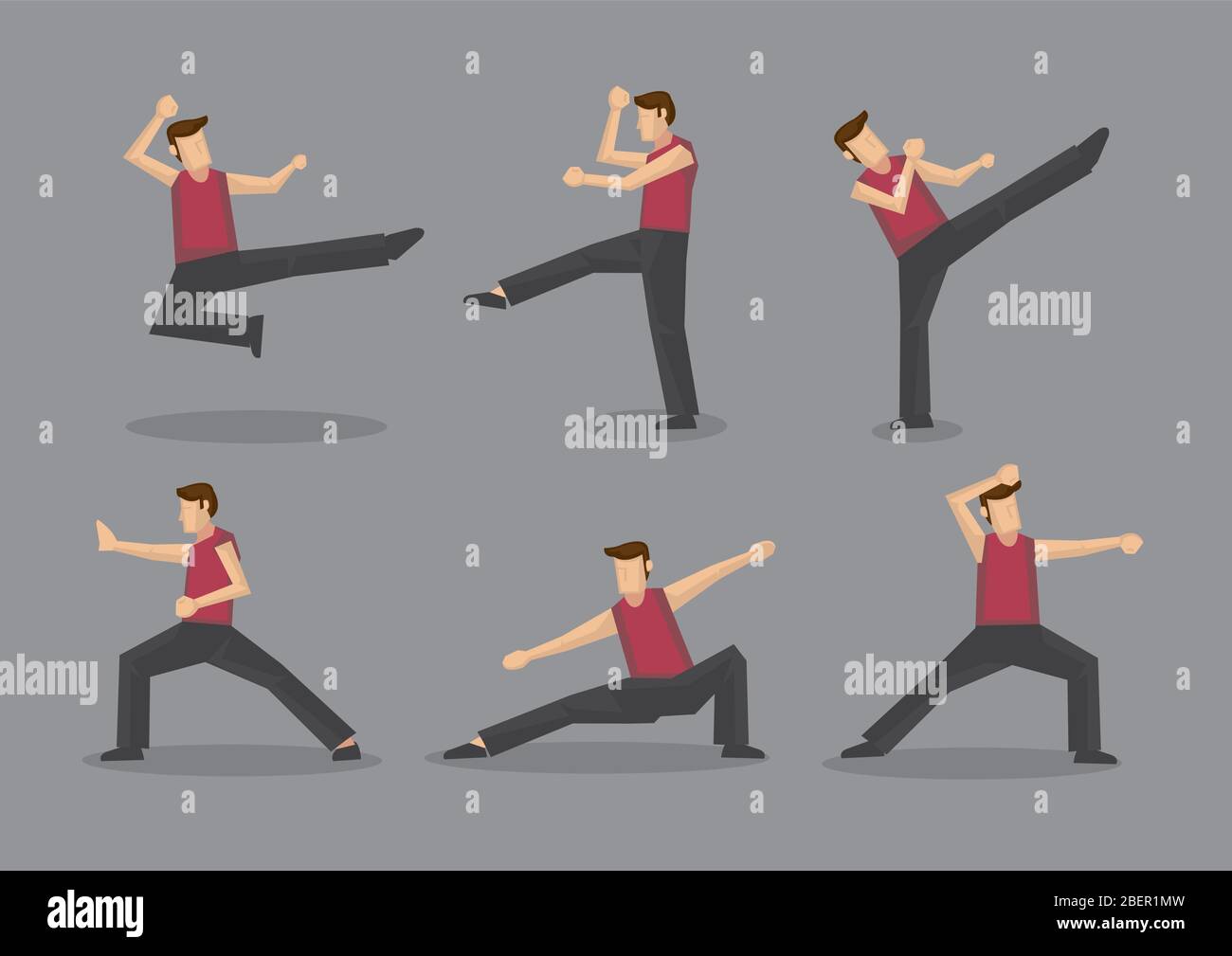 Set of six vector cartoon character demonstrating Chinese style martial ...