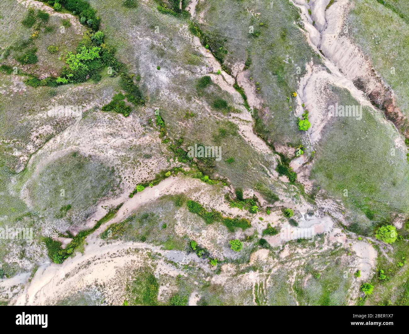 Soil denudation and and wash-out due to erosion. Aerial view Stock ...
