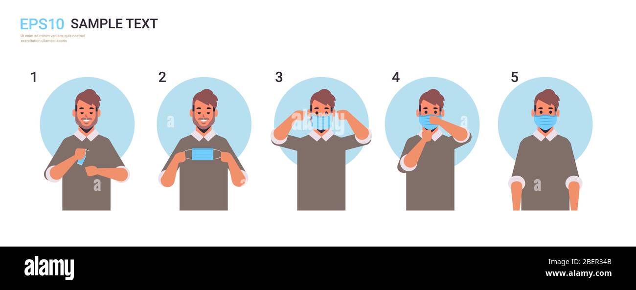 how to wear medical face mask covid-19 protection man presenting step ...