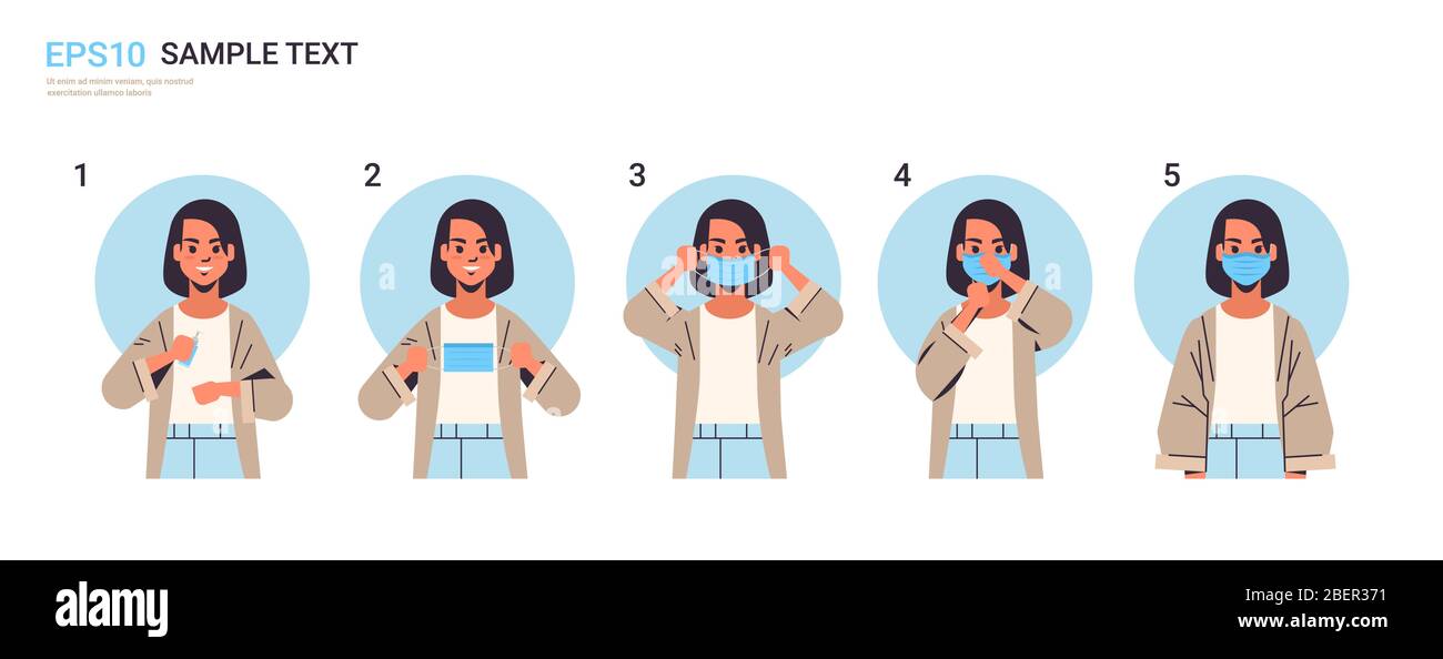how to wear medical face mask covid-19 protection woman presenting step ...