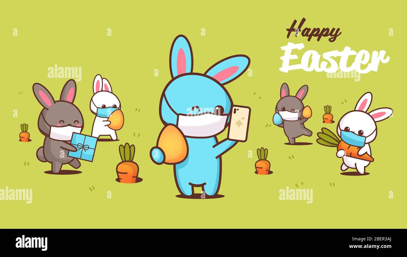 happy easter greeting card with rabbits wearing masks to prevent ...