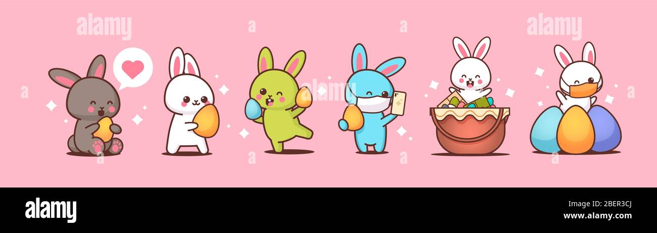 Set Cute Rabbits Happy Easter Bunnies Stickers Collection Spring