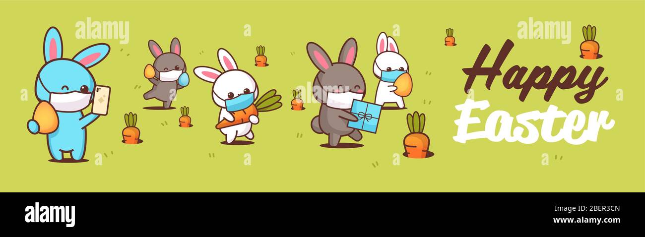 happy easter greeting card with rabbits wearing masks to prevent ...