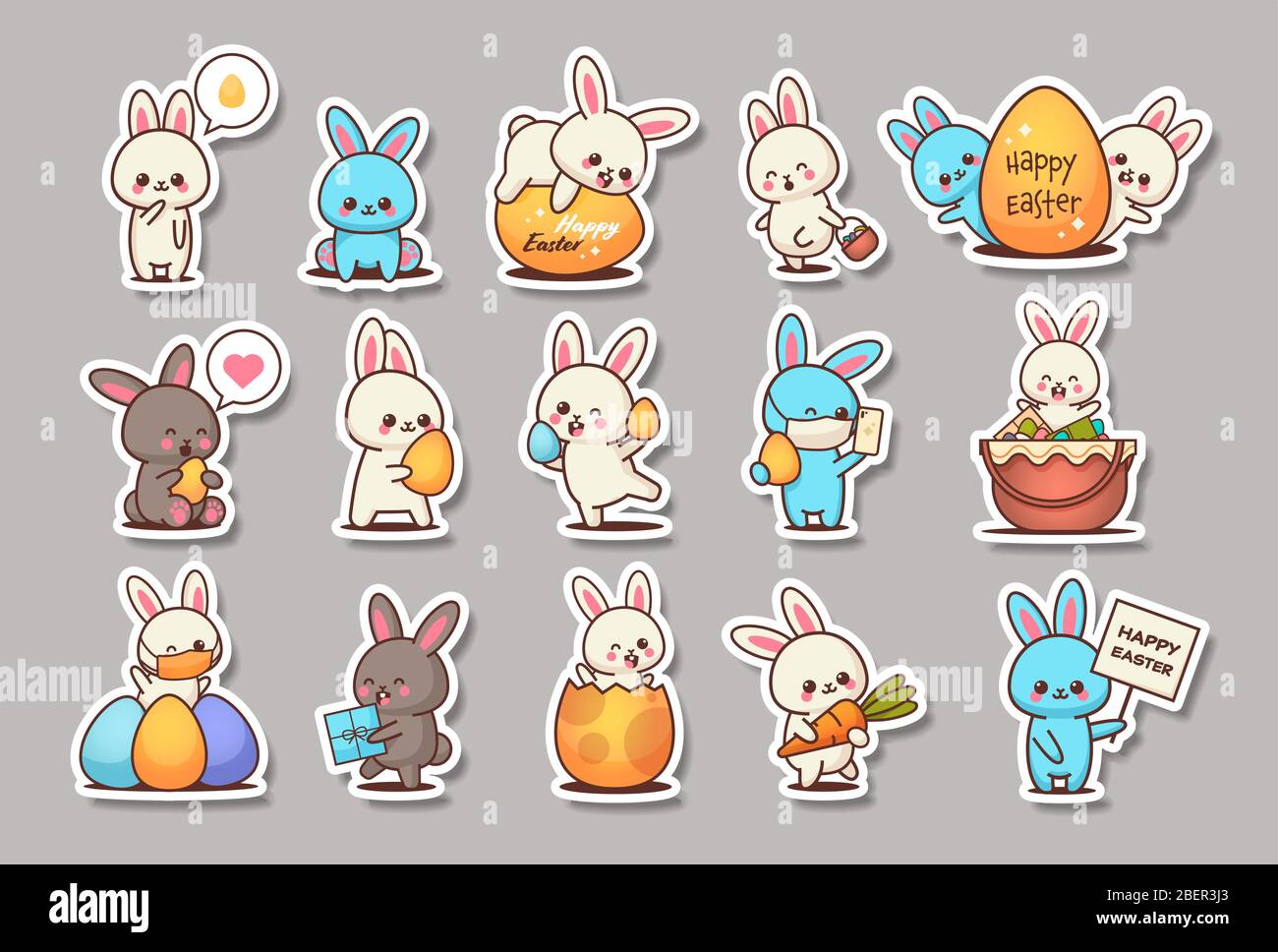 set cute rabbits happy easter bunnies stickers collection spring ...