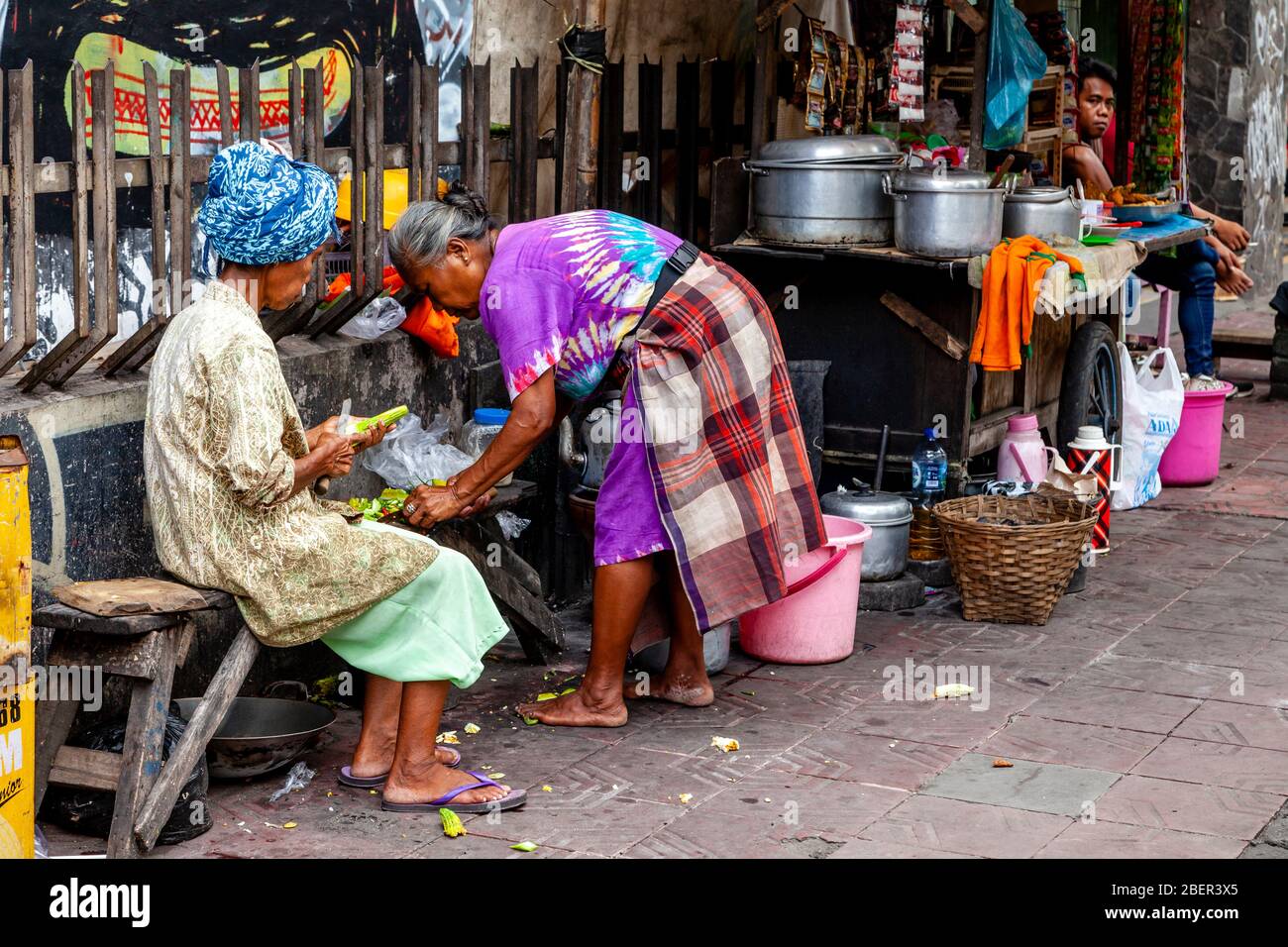 Indonesian Women Preparing Food In The Street, Yogyakarta, Java ...