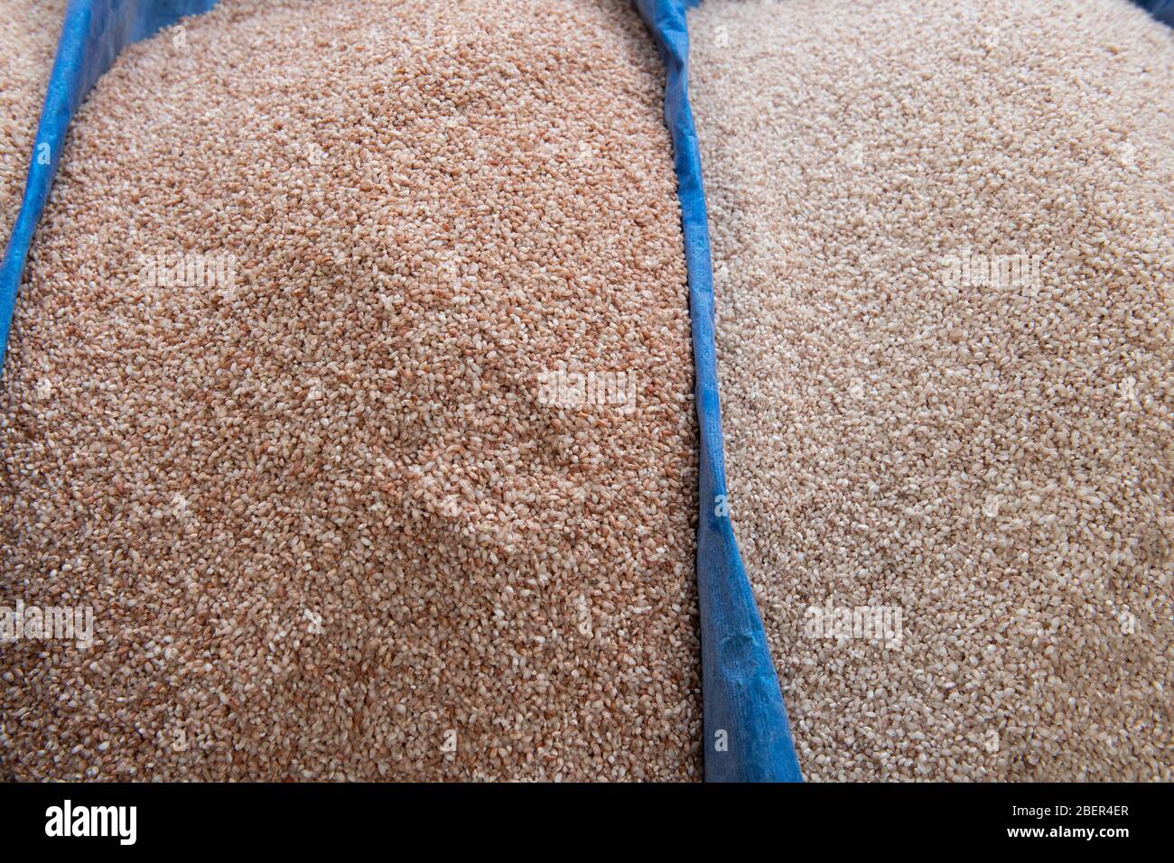 Bhutan, Thimphu. Local Farmer's Market. Detail of rice vendor display ...