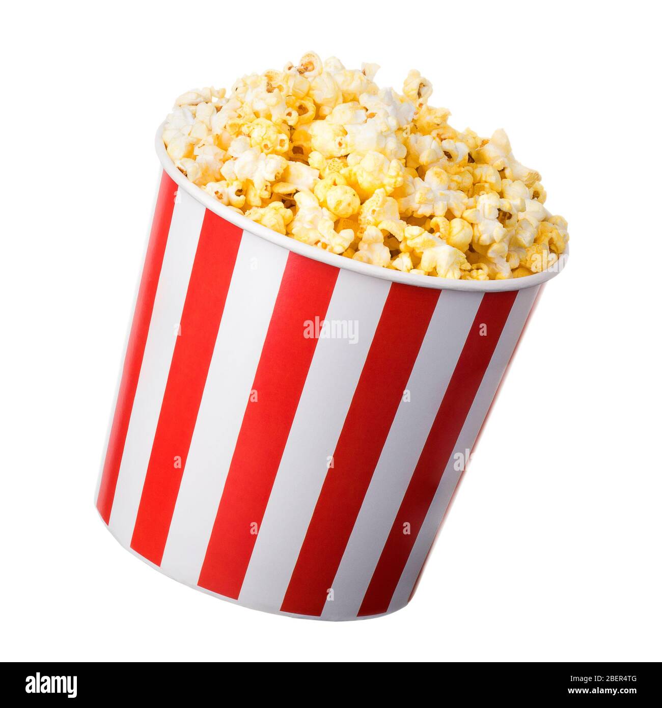 Paper striped bucket with popcorn isolated on white background Stock ...