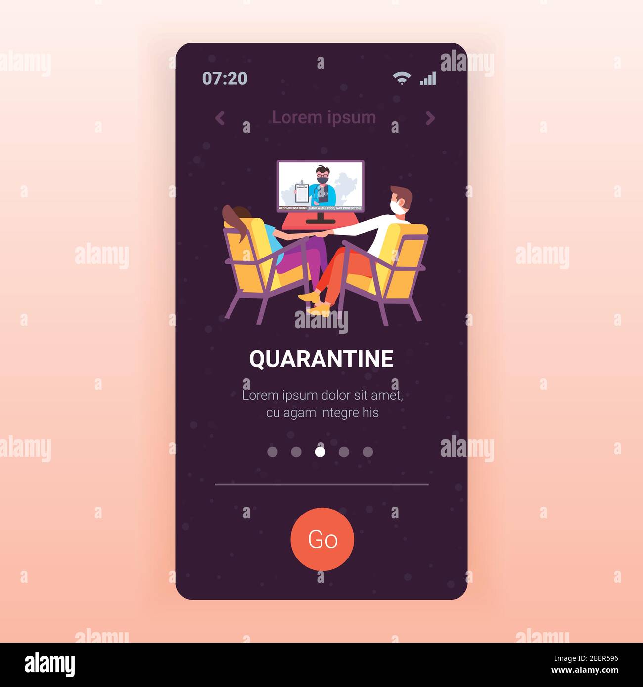 couple sitting at home on self-isolation man woman in masks watching tv ...