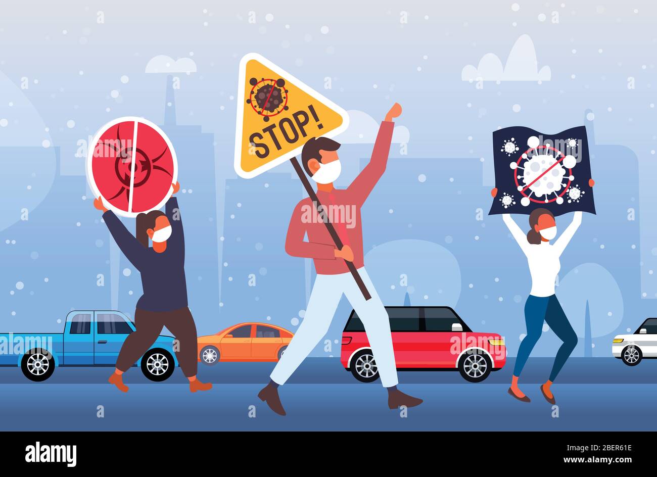 people in protective mask holding banners demonstrating against covid ...