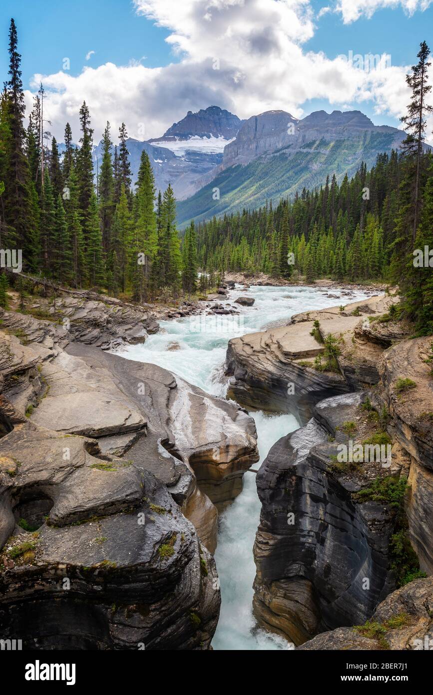 Mistaya canyon and river on Icefields Parkway in Banff National Park ...