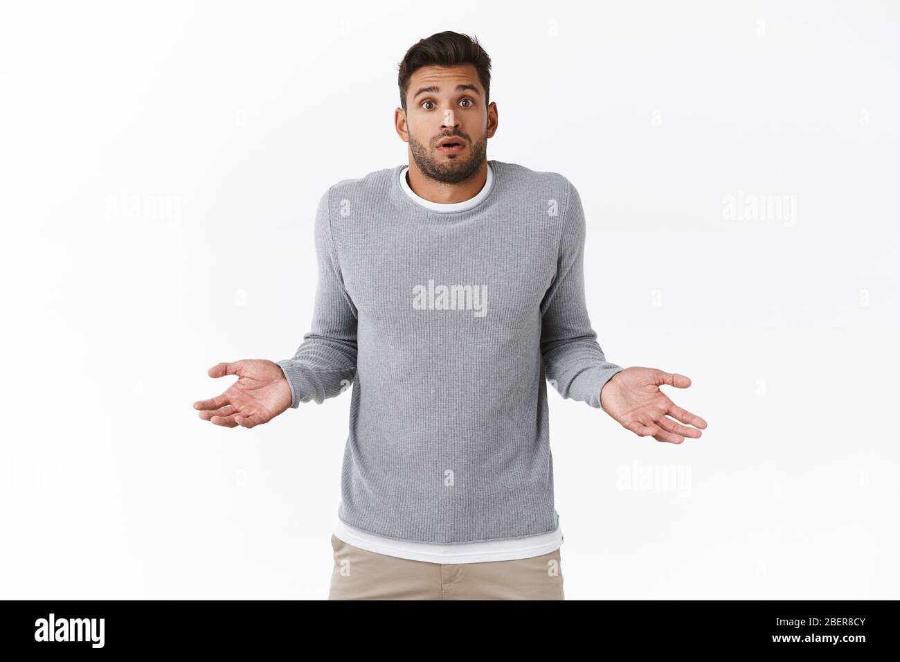 Confused boyfriend cant understand what he did wrong, spread hands ...