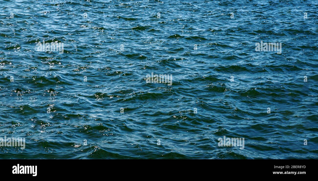 Wide horizontal background - surface of deep blue ocean water with ...