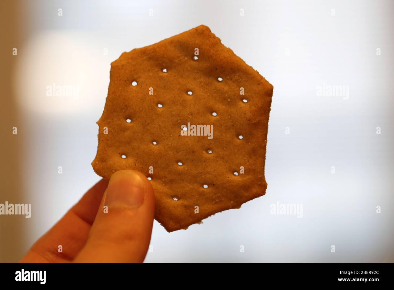 Delicious cheese cracker hold by a person, you can see the hexagon ...