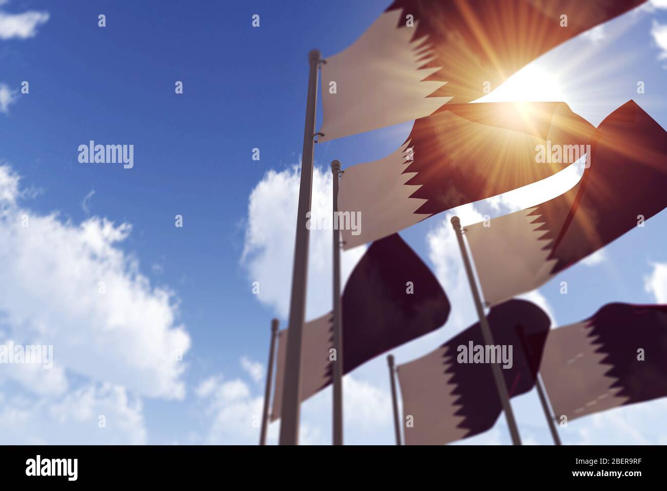 Qatar flags waving in the wind against a blue sky. 3D Rendering Stock ...
