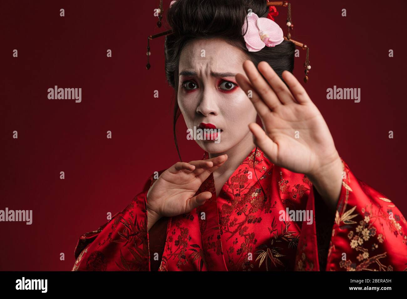Image of scared asian geisha woman in traditional japanese kimono doing ...