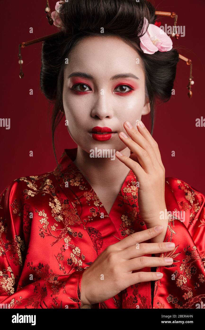 Image of charming geisha woman in traditional japanese kimono dancing ...